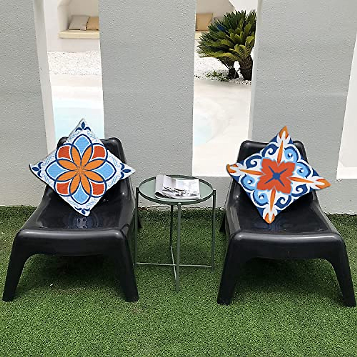 Tlovudori Outdoor Waterproof Throw Pillow Covers Set of 4 Ethnic Floral Printed and Boho Geometry Farmhouse Outdoor Pillow Covers for Patio Furniture Garden 18x18 Inch Blue Orange (18X18Inch, EF-Boho)
