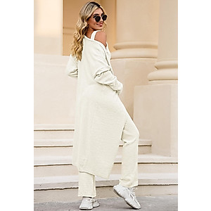 Fixmatti Women's Fuzzy 3 Piece Sweatsuit Open Front Cardigan Crop Tank Tops Wide Legs Pants Lounge Sets (Small, 1-White)