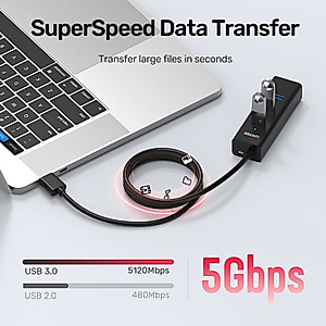 Unitek 4-Port USB 3.0 Hub, 4 Ft Long Cable USB Extension Multiple Port Splitter with Micro USB Charging Port Compatible for Windows PC, Laptop,Flash Drive,Wireless Mouse Keyboard 1.2 M - Black