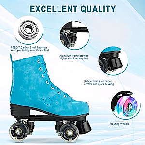 Hurber Women Roller Skates High-Top Double-Row PU Leather Outdooer Roller Skates for Girls (Blue flashing wheel,39 - US:8.5)