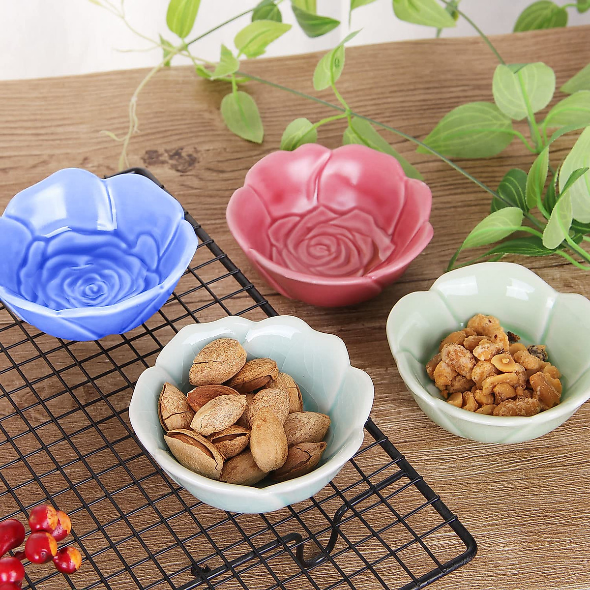 VanEnjoy 4 pcs Colorful Glaze Flower Pattern Ceramic Soy Sauce Dipping Bowls Appetizer Plates Serving Dishes Condiment Dish