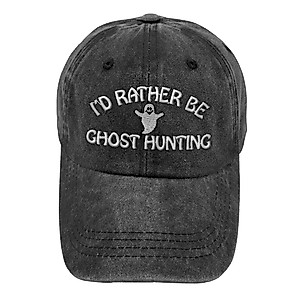 Vintage Washed Hat I'd Rather Be Ghost Hunting Embroidery Cotton Dad Hats for Men & Women Buckle Closure Black