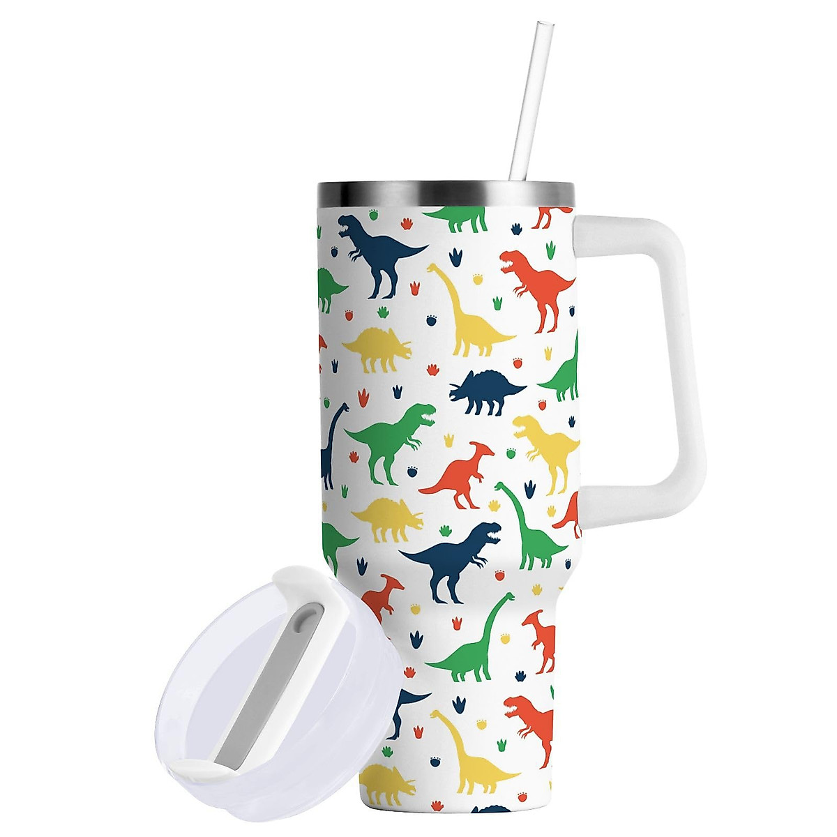 ZZXXB Dinosaur Colorful Pattern Insulated Stainless Steel Water Bottle with Handle and Straw Lid Double Walled Travel Mug 40 oz