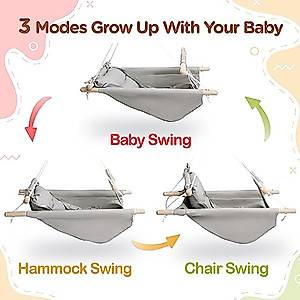 Baby Swing Indoor and Outdoor, Canvas Hammock Swing for Baby to Toddler with a Comfortable Seat, Macaroon Wooden Toy, Adjustable 5-Point Harness,3 Modes,Gift for Baby Boys Girls, Grey