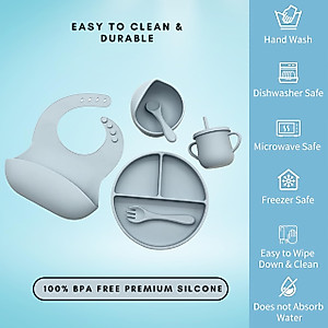 Premium Baby Dinnerware Set | Silicone Baby Feeding Set | Dishwasher Safe | Safe & Easy to Clean | Includes Suction Bowl, Divided Plate, Sippy Cup & Utensil Set | BPA Free | (Blue)