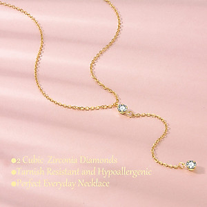 Handmade Lariat Necklace for Women, 18K Gold Plated Dainty Drop Y Chain Necklace Jewelry for Women Girl Gifts with Simulated Diamond，16" to 18" adjustable length (Gold)