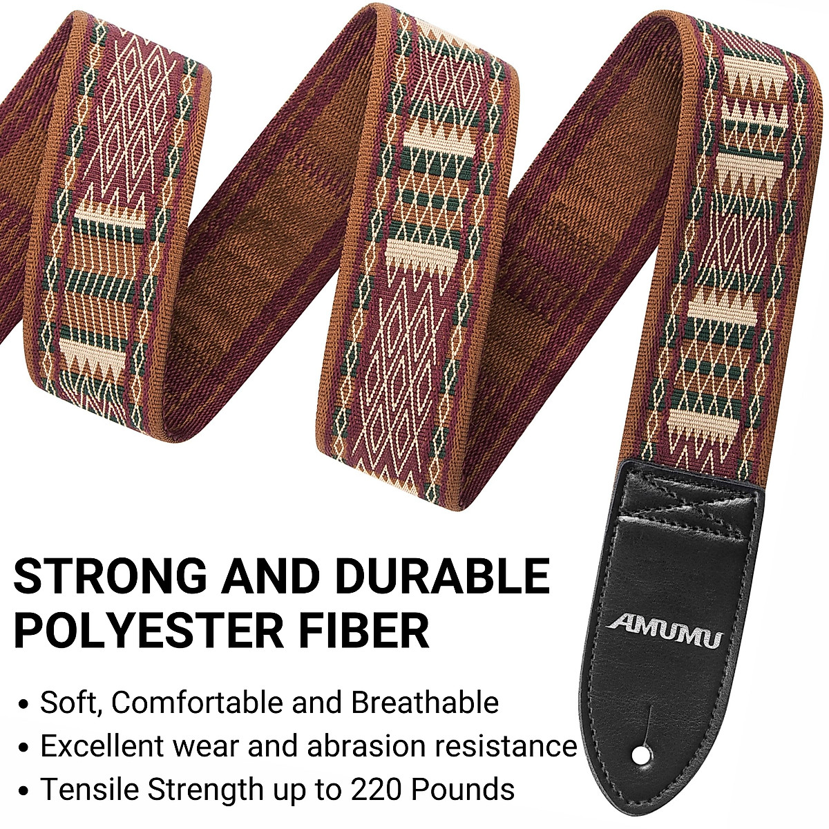 Amumu Guitar Strap Brown Diamond Grill Retro Chevron Polyester Woven for Acoustic Electric Bass Guitars with Genuine Leather Ends + Free Rubber Strap Blocks &amp; Headstock Tie