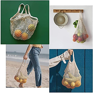 ECYC 1 Pcs Cotton Mesh Grocery Bag, Reusable Long Handle Mesh Bags Cotton String Bags Mesh Shopping Bag Net Tote Bag for Fruit Vegetable,L,Orange