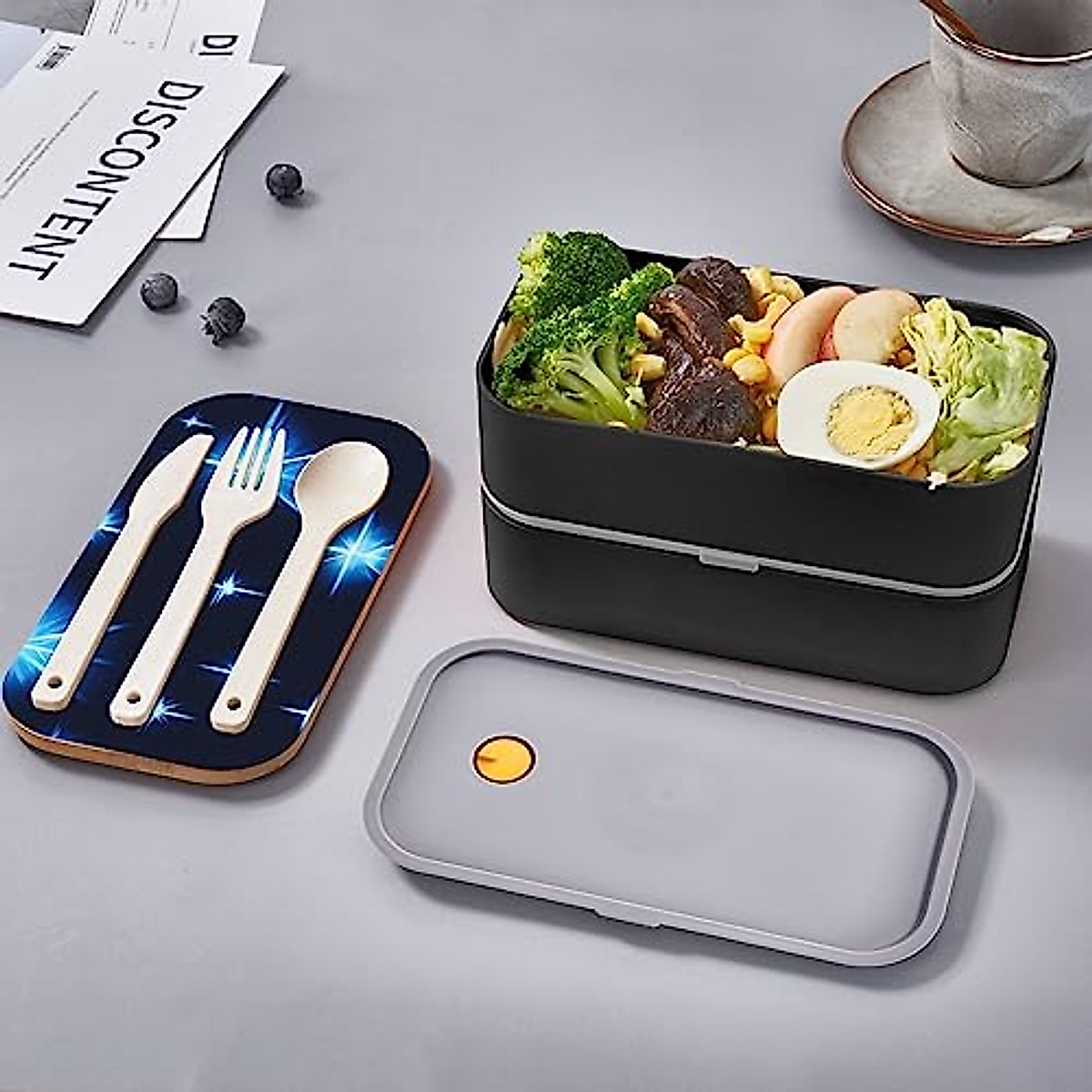 Cartoon Blue Star Adult Lunch Box, Bento Box, With Cutlery Set Of 3, 2 Compartments, Rectangular, Lunch Box For Adults