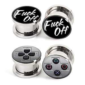 Awinrel 2G Stainless Steel Ear Gauges Plug Game Console and F**k Off Tunnel Stretching Expander Body Piercing Jewelry 4 Pieces Set 6mm