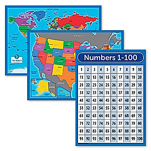 Palace Learning 3 Pack - World & USA Map Chart [Blank Short] + Numbers 1-100 Poster for Kids (LAMINATED, 18” x 24”)