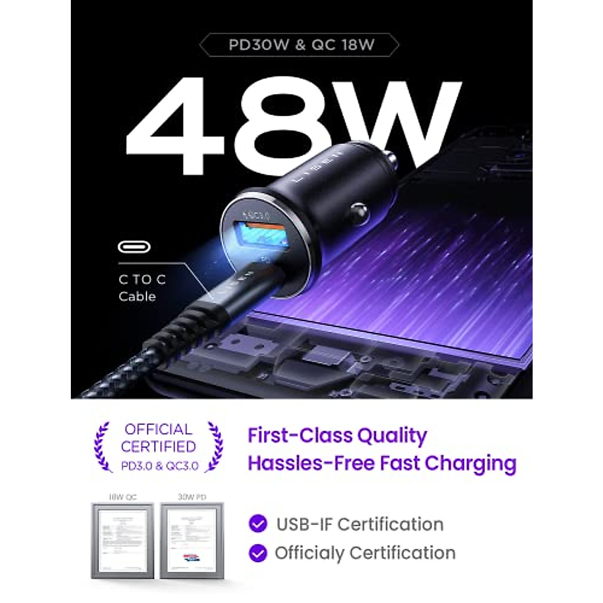48W USB C Car Charger All Metal Fast USB Car Charger Adapter with 60W 3.3ft Nylon Braided Type C Cable LISEN Compact Cigarette Lighter USB Charger PD&QC3.0 Dual Port for Samsung S22/Pixel/Android/iPad