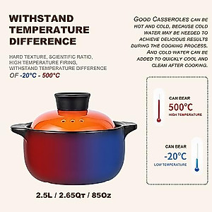 Aroplor Casserole Clay Pot Premium Ceramic Bowls With Lid Heat-Resistant Cooking Nonstick Stock Pot Soup Pot Cookware Stovetop Easy To Clean(Orange 2.65Quart,2500ml)2~6 People (Oranger)
