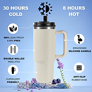 Klickpick Home 40 Ounce Stainless Steel Vaccum Insulated Thermal Tumbler With Handle Lid 2 straws, Reusable Travel Coffee Mug Cup Cupholder friendly, Keeps cold for 30 H, 100% Leakproof (Cream)