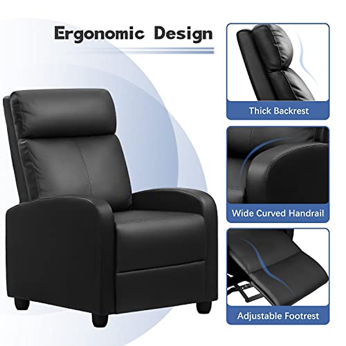 Furniwell Recliner Chair Massage Recliner Sofa Chair Adjustable Recliner Home Theater Seating Modern Living Room Recliners with PU Leather Padded Backrest and Thick Seat Cushion (Black)