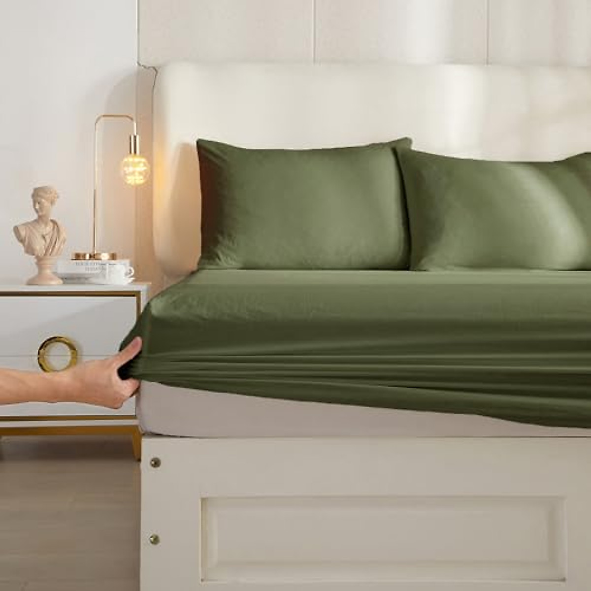 Fitted Sheets for Full Size Bed - Deep Pocket (Up to 16 Inch) - Solid Army Green, Fade & Stain Resistant, Cooling Sheet
