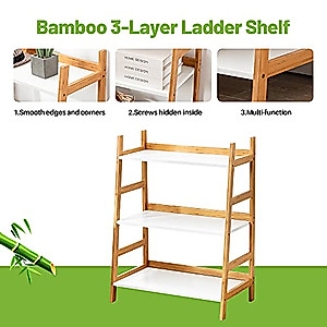 Forevich Ladder Shelf 3 Tier Bamboo Bookshelf Storage Rack Shelves Bookcase Plant Flower Stand for Living Room Bathroom Kitchen Ladder