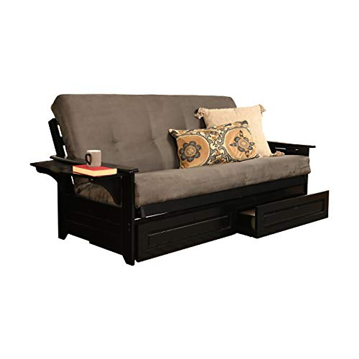 Kodiak Furniture Phoenix Full Size Futon In Black Finish With Storage Drawers, Suede Gray