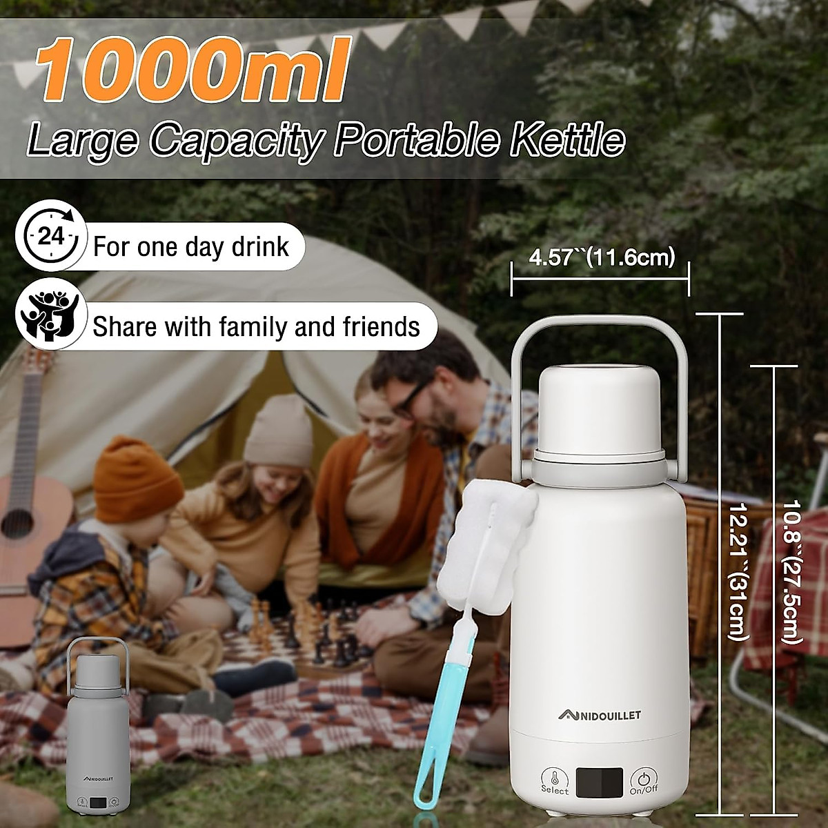 Travel Electric Kettle, 1L/35oz Portable Electric Kettle with Temperature Control, 2024 UPGRADED Hot Water Boiler Bottle for Tea Coffee, 304 Stainless Steel, Christmas Gift for Family Friend