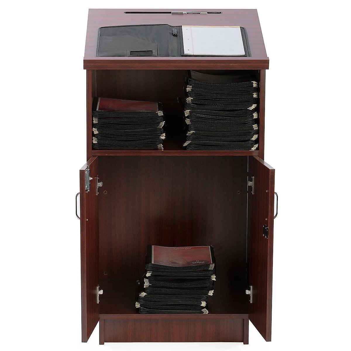 45.5" Tall Podium with Locking Cabinet, Shelf, 25" Angled Surface with Lip (Mahogany)