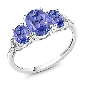 Gem Stone King 2.11 Cttw 10K White Gold Oval Blue Tanzanite and Diamond Accent 3-Stone Engagement Ring | 3 Stone Wedding Anniversary Promise Ring For Women | Available In Size 5-9.5