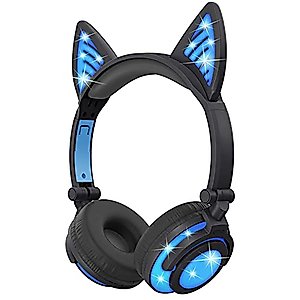 Olyre Stylish Wireless Cat Headphones for Kids with Microphone On-Ears Stereo Foldable LED Cute Kitty Gift Bluetooth Headset, Compatible with Computer Tablet PC iPad Smartphone Laptop, Black
