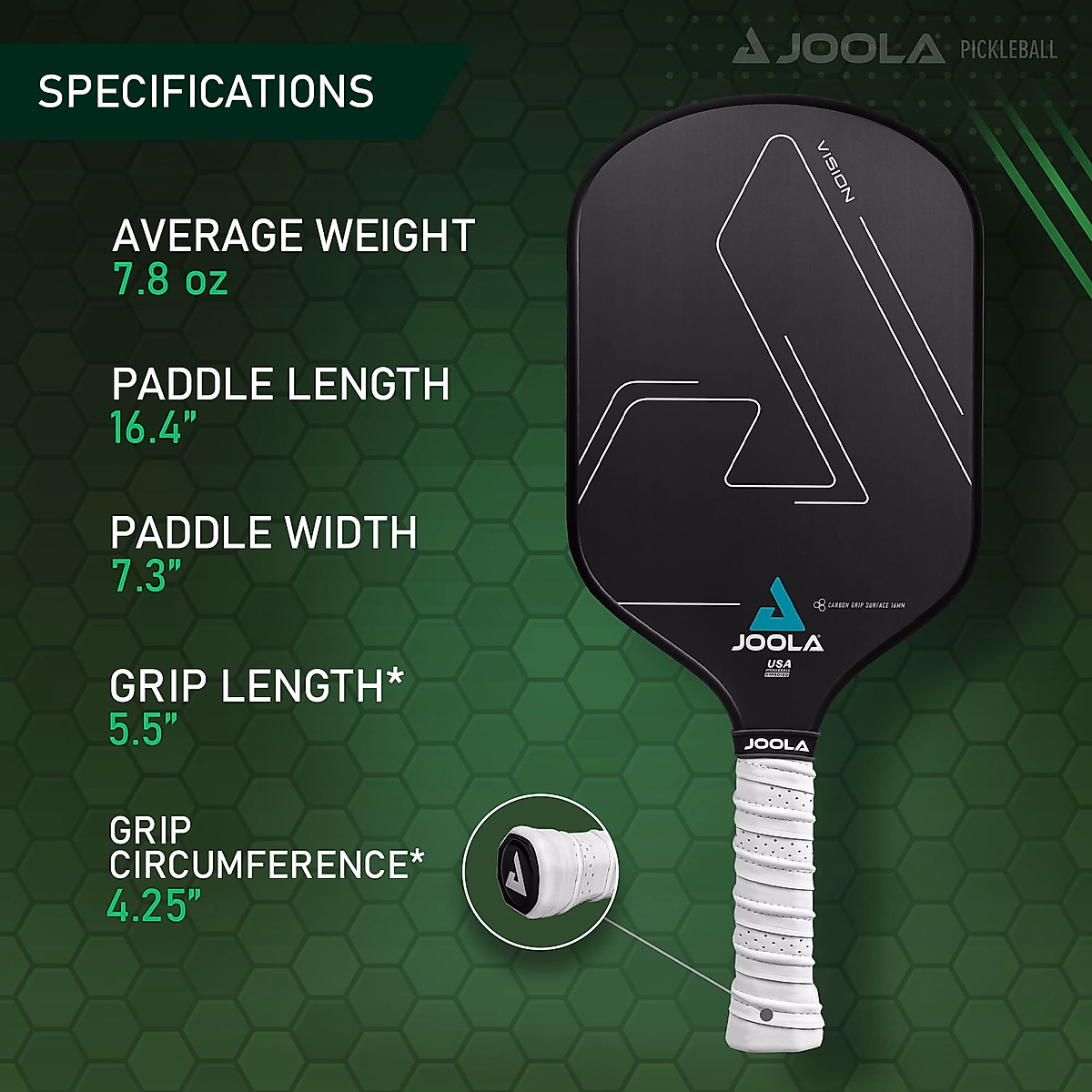 JOOLA Vision Pickleball Paddle with Textured Carbon Grip Surface Technology for Maximum Spin and Control with Added Power - Polypropylene Honeycomb Core Pickleball Racket 16mm