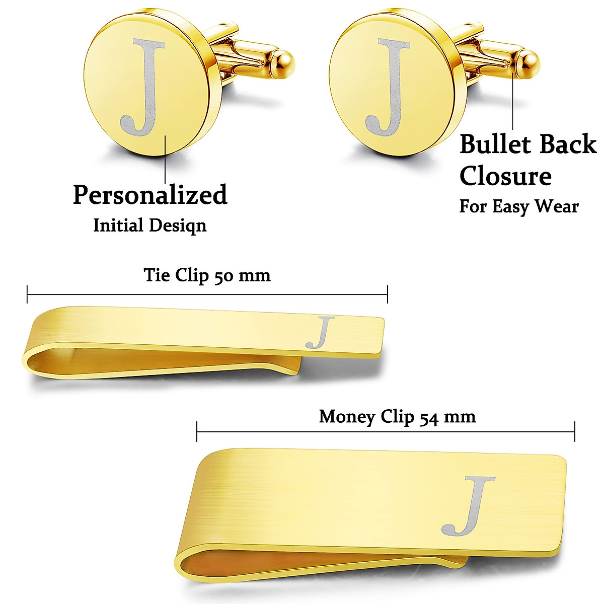 LOYALLOOK 4Pcs Stainless Steel Engraved Initial Cufflinks and Tie Bar Money Clip Set Personalized Button Shirt Initials Tie Clip Alphabet Letter A-Z for Best Man Groom Wedding Business Letter J