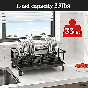 Famhap Small Dish Drying Rack, Dish Rack with Drainboard Dish Drainers for Kitchen Counter Sink Adjustable Spout, in Sink Dish Strainers with Utensil Holder and Knife Slots, Black