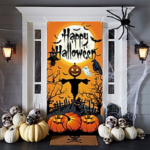 Halloween Door Decorations Banner, Happy Halloween Door Cover Backdrop, Fabric Pumpkin Ghost Hanging Door Poster Sign Banner for Outdoor Indoor Halloween Eve Porch Background Party Wall Decoration