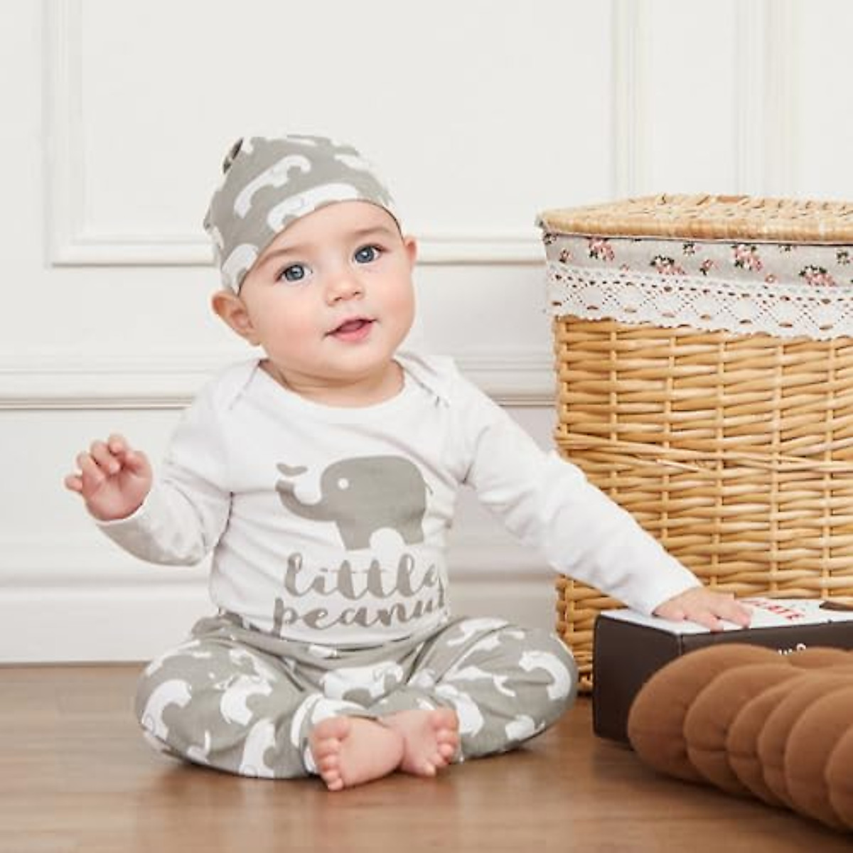 Rarjuiey 3Pcs Newborn Baby Boy Girl Elephant Outfits Long Sleeve Little Peanut Romper Bodysuit+Pants+Hat