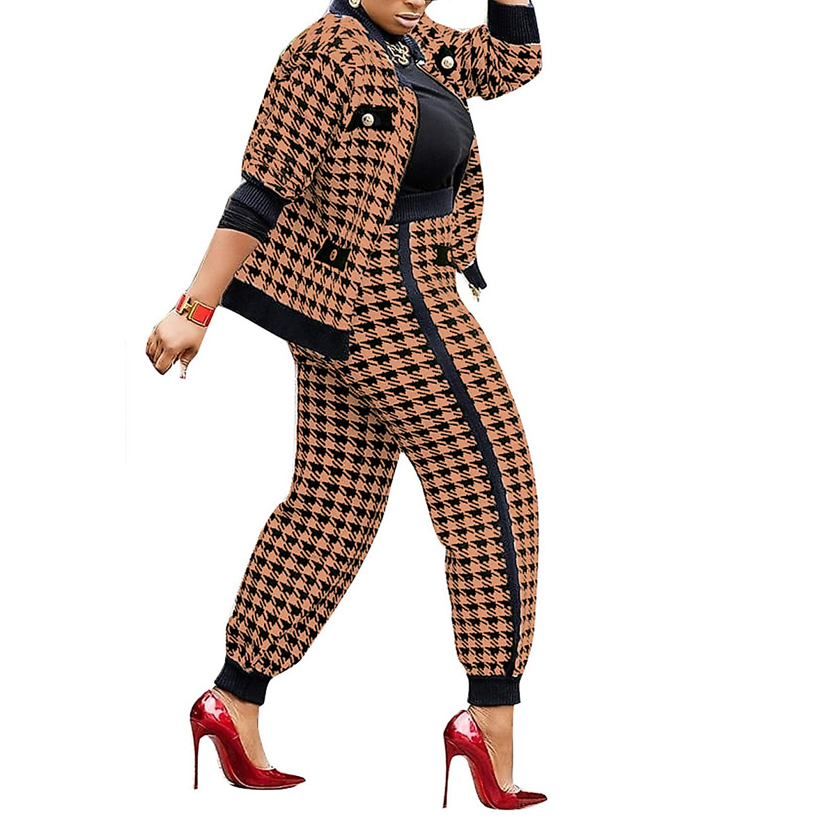 LKOUS Autumn and Winter Two-Piece Suits, Houndstooth Blazers for Women