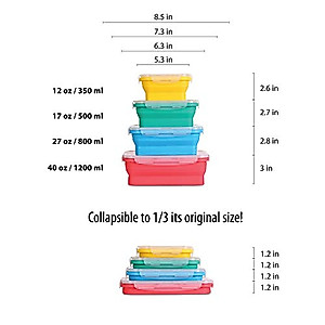 Collapsible silicone food storage containers w/BPA free airtight plastic lids-Set of 4 small and large meal cereal prep container bowl kitchen pantry organization, lunch boxes-Microwave & freezer