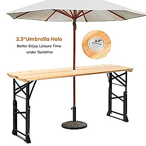 Goplus Folding Picnic Beer Table, Outdoor Camping Table with Umbrella Hole, Adjustable Heights and Wood Top, Portable Picnic Table for Patio Garden Party Backyard, No Assembly