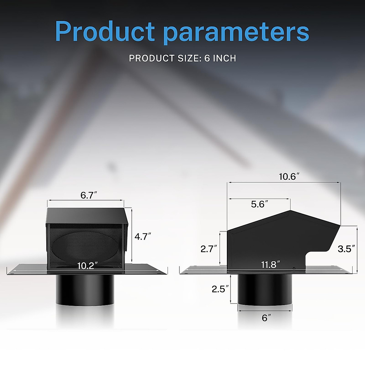 Hon&Guan 6 Inch Removable Roof Vents Roof Dryer Vent Cap for Houses Galvanized Steel 6 Inch Exhaust Vent for Ventilation System-with Damper, Black.