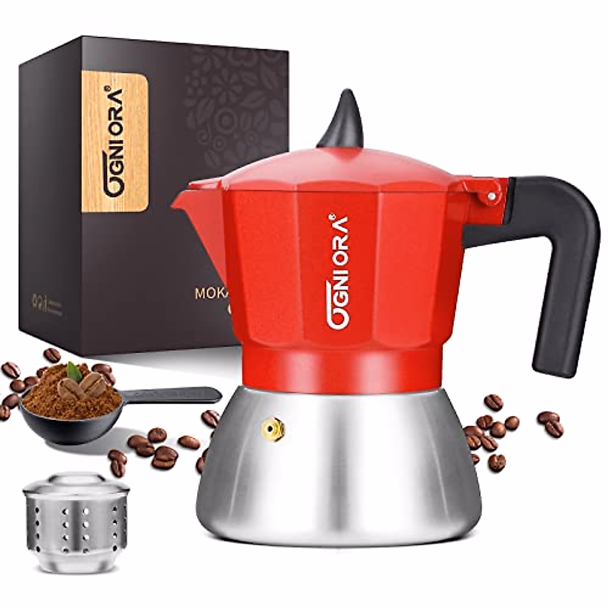 OGNI ORA Stovetop Espresso Maker Moka Pot, Red 4 Cup(150 ml) Camping Coffee Pot Double Valve Design Espresso Coffee Maker Suitable for Gas, Induction, Electric Pottery Stove