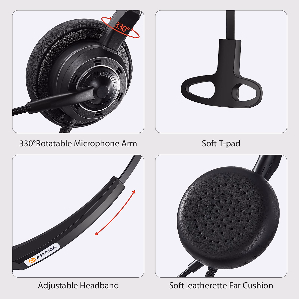 Arama USB Headset with Microphone Noise-Cancelling, Comfort Fit Computer Headset with Microphone for PC Laptop Mac Skype Zoom UC Webinar Business Call Center Home Office