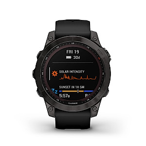 Garmin fenix 7 Sapphire Solar, adventure smartwatch, with Solar Charging Capabilities, rugged outdoor watch with GPS, touchscreen, wellness features, carbon gray DLC titanium with black band