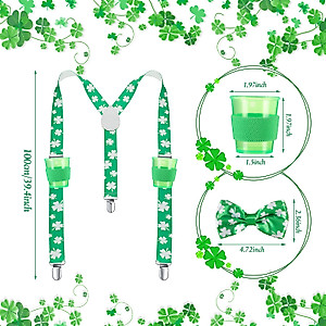 Geyoga St Patricks Green Suspenders St Patricks Day Suspenders Adjustable Elastic Men's Suspenders with Clips Shamrocks Suspender with Shamrocks Bowtie Cups Pins Saint Patricks Day Accessories