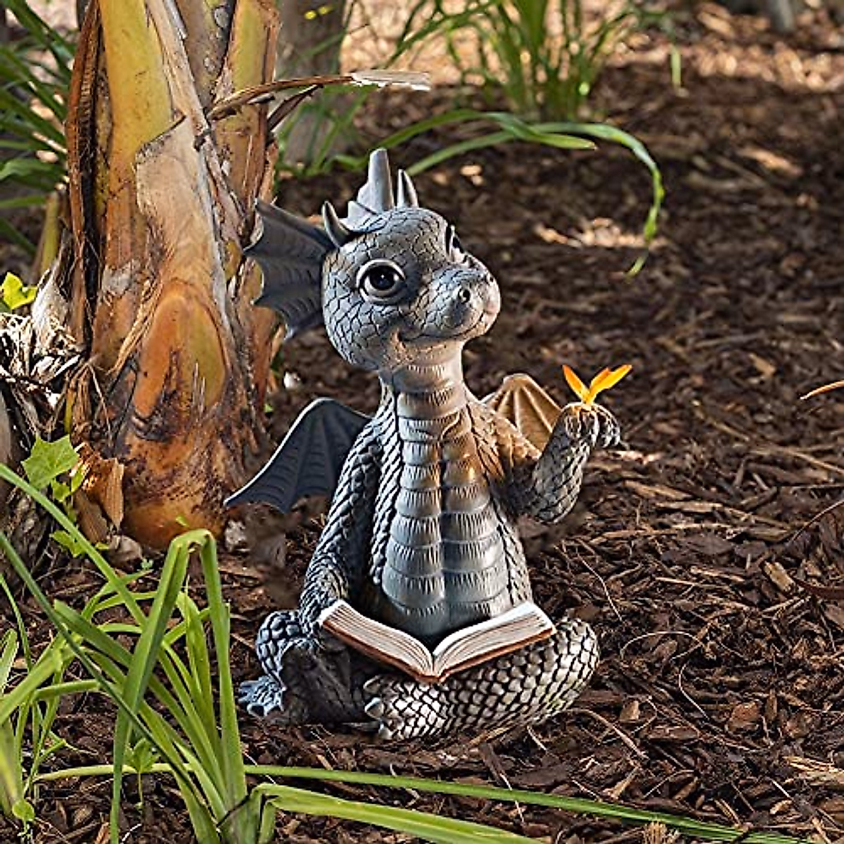 Dragon Reading Book Statue Dinosaur Holding Butterfly Figurines Art Resin Sculpture Outdoor Garden Decor Home Desk Ornament