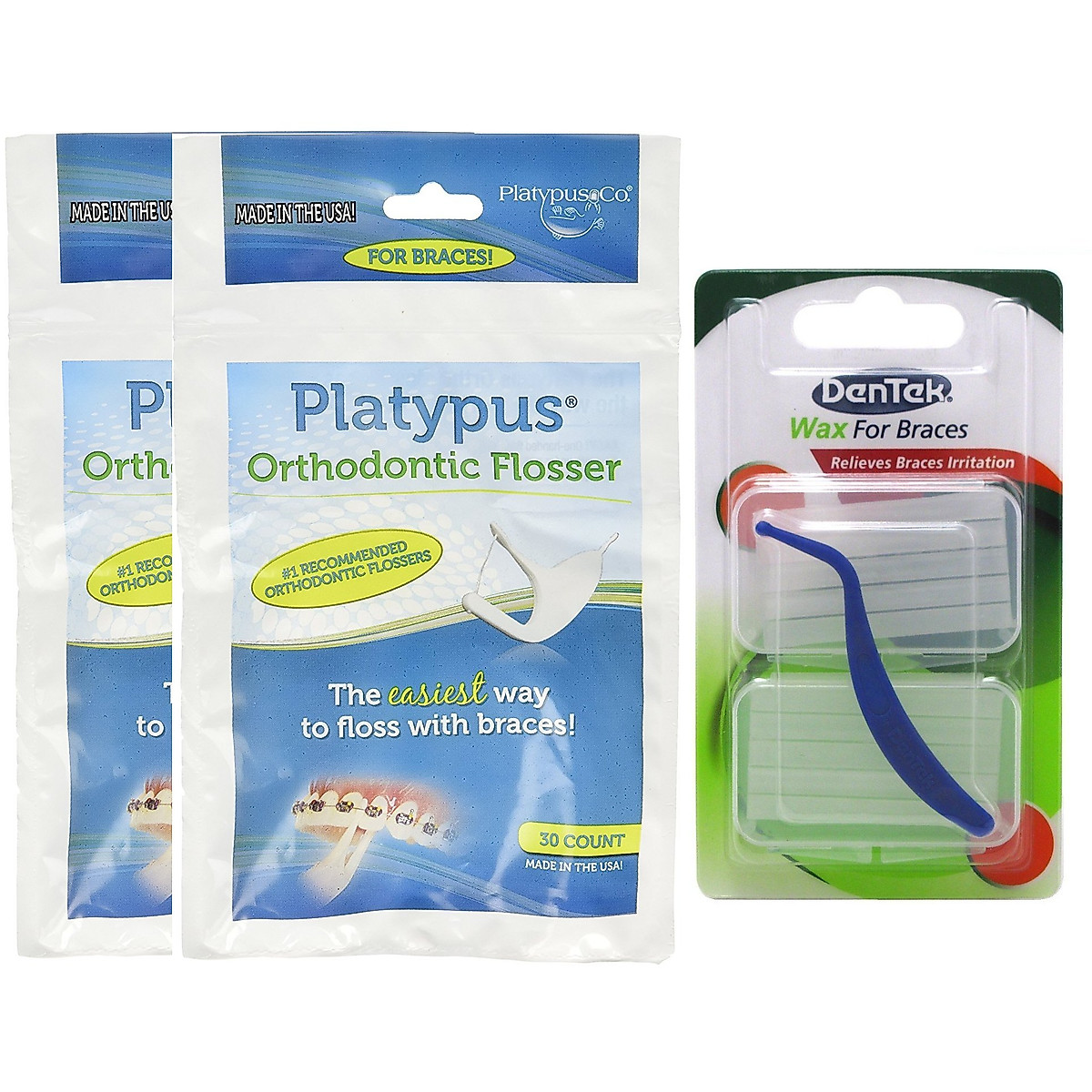 Platypus Ortho Flosser (2 Packs of 30), & Dentek Wax for Braces