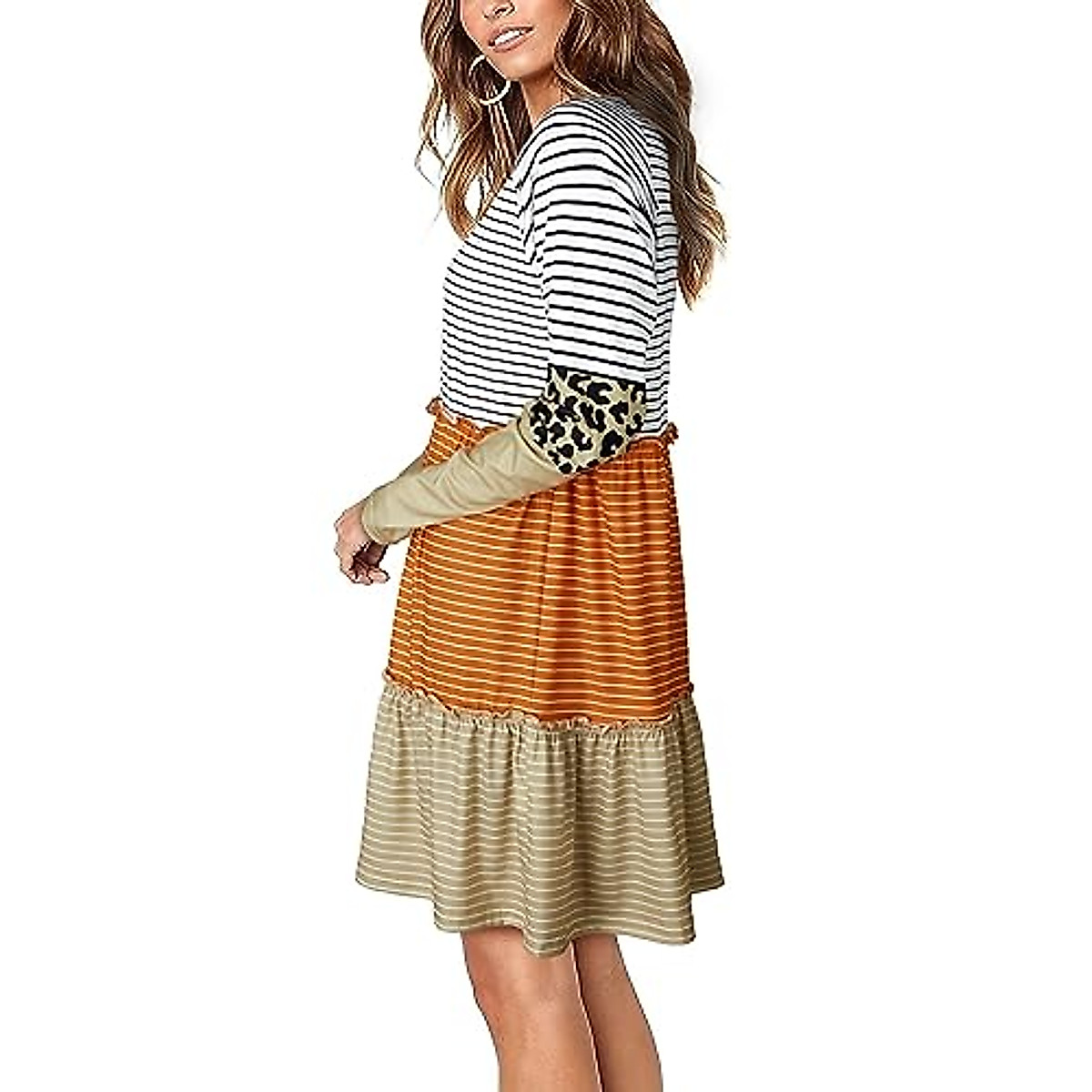 Women Casual Long Sleeve Tunic Dress Cute Button V Neck Swing Babydoll Flowy Tiered Mini Ruffles Dresses Loose Leopard Striped Color Block