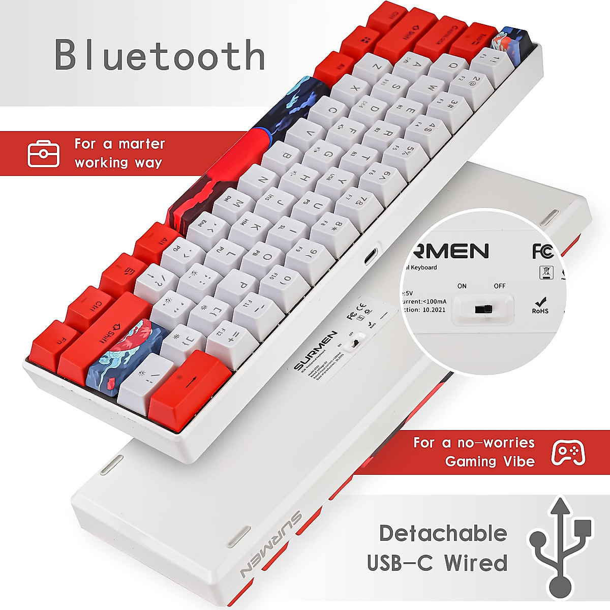 Surmen GT61 60% Mechanical Gaming Keyboard - 60 Percent RGB Backlit, Hot-Swappable Wireless/Wired, Compact Mini Bluetooth 5.0 Programmable/N-Key Rollover (Gateron Yellow, Sun)
