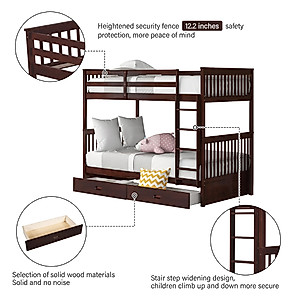 Merax Wood Bunk Bed with Drawers,Convertible Wood Bunk Bed with Ladders and Two Storage Drawers,Solid Wood Detachable Bunk Bed Frame with Ladders,Twin Over Twin Size,Espresso
