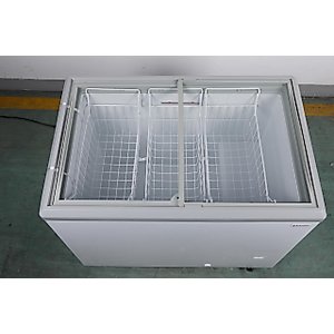 NAFCOOL 12.4 Cu.Ft Commercial Chest Freezer with LED Light,Temp Rang -8°F and 0°F,Glass Top Display Chest Freezer with 6 Removable Wire Baskets,Sliding Lids, Lock,Caster Wheels, White