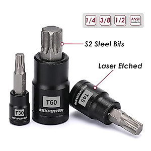 MIXPOWER 25 Piece Torx Bit and Socket Set, 13 Star Bits (T8- T60) & 12 E-Torx Sockets (E4-E22), Professional Grade Auto & Motorcycle Mechanic Set
