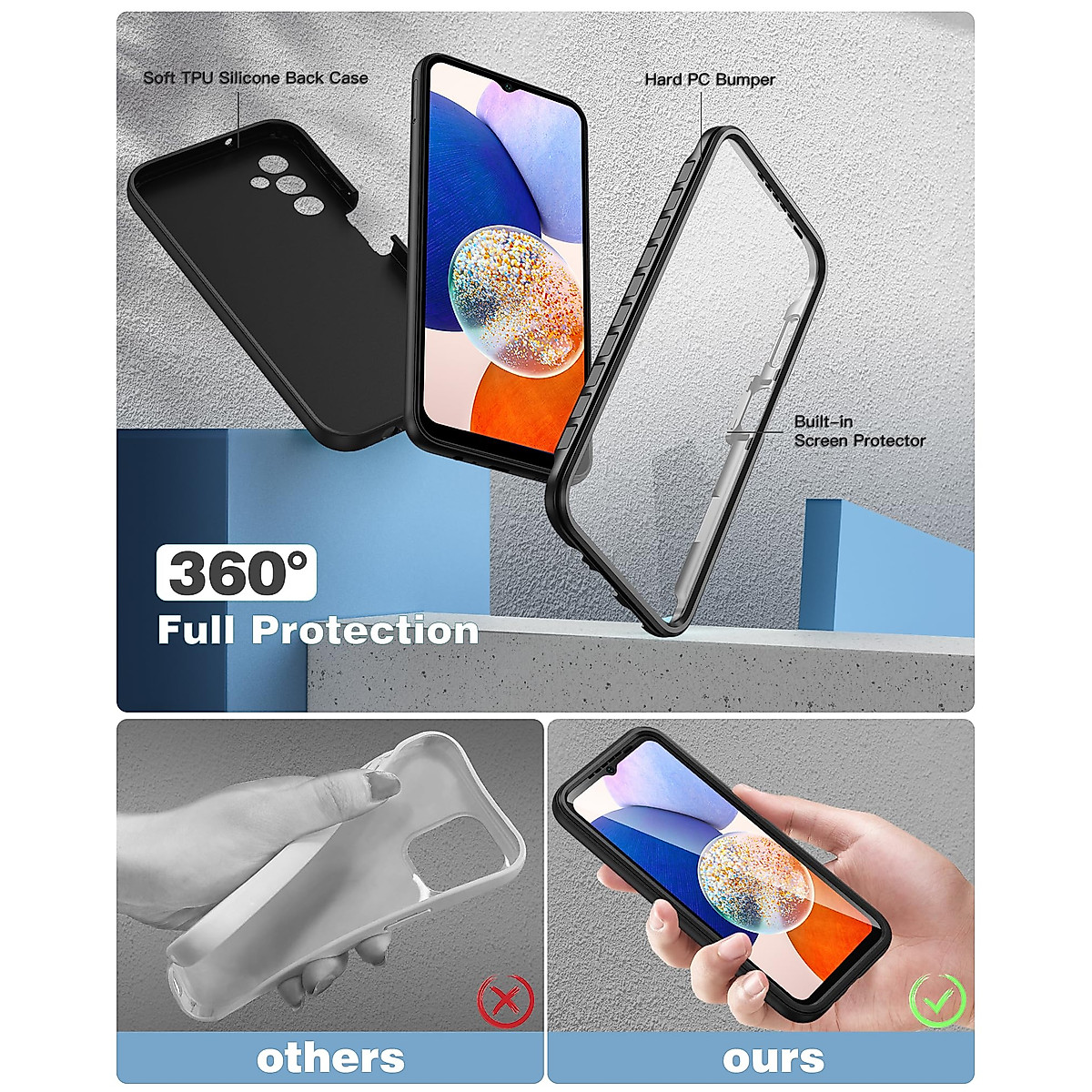 FNTCASE for Samsung Galaxy A14-5G Case: Shockproof Silicone Protective Phone Case with Built-in Screen Protector - Slim Dual Layer Rugged Sturdy Drop Proof TPU Protection Cover (Plain Black)