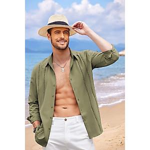 COOFANDY Mens Long Sleeve Cuban Guayabera Shirt Casual Summer Beach Button Down Shirts Green