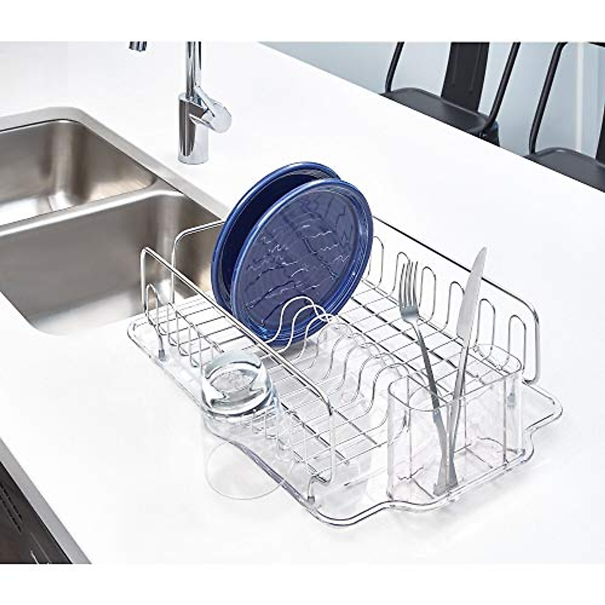iDesign Forma Stainless Steel Sink Dish Drainer Rack with Tray Kitchen Drying Rack for Drying Glasses, Silverware, Bowls, Plates, Clear