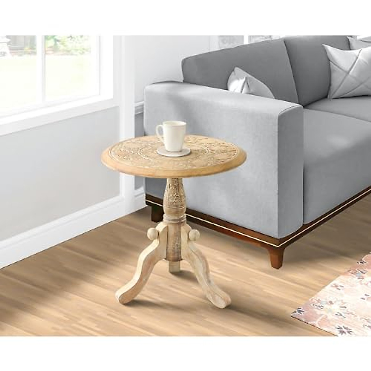 Gualiy Round Top Mango Wood Side End Table with Pedestal Base, Side Tables Bedroom, 18.00" L x 18.00" W x 18.00" H